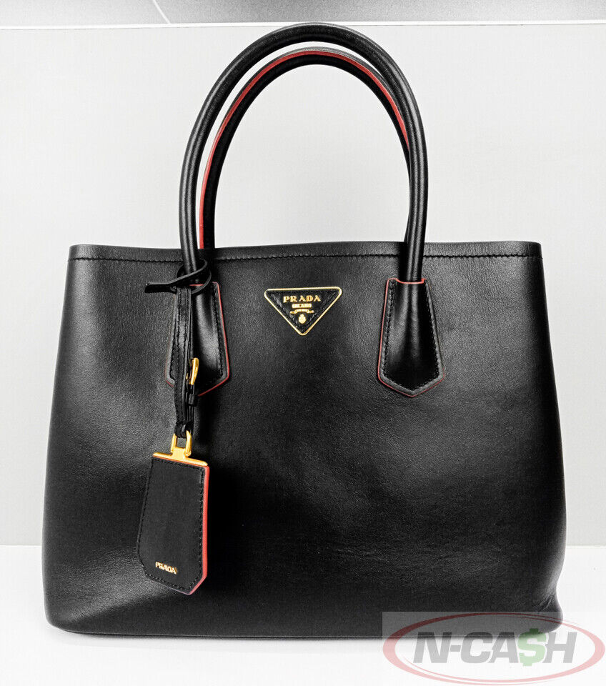 Prada Black Fiery Red Smooth Leather Double Bag | N-Cash