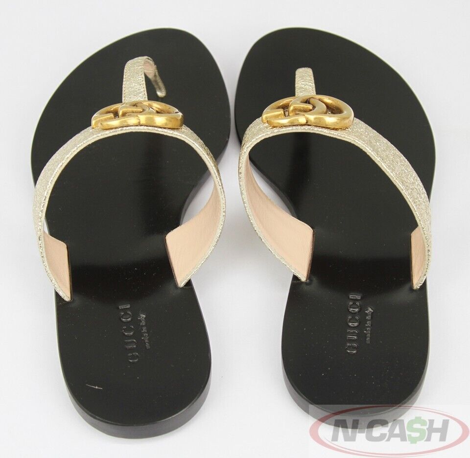 Gucci Metallic Gold GG Logo Thong Sandals | N-Cash