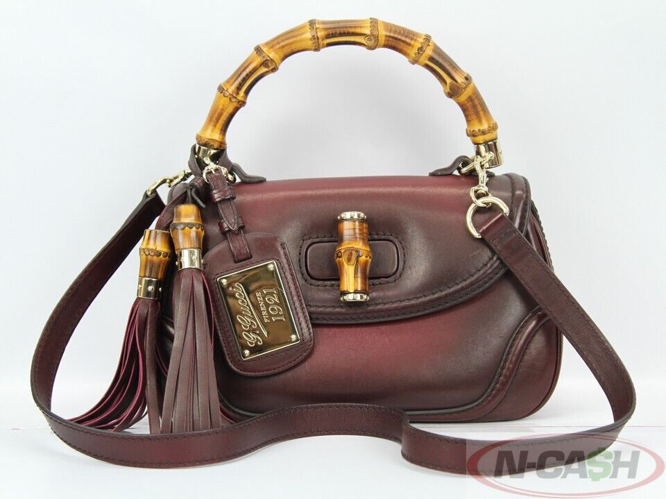 Gucci 1921 Maroon Smooth Leather Bamboo Top Handle Bag | N-Cash