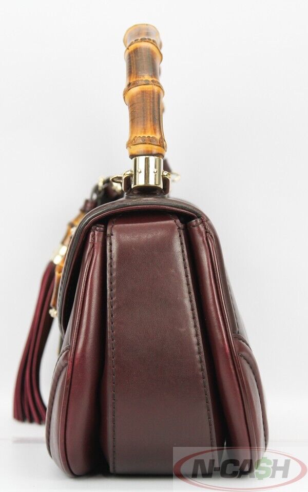 Gucci 1921 Maroon Smooth Leather Bamboo Top Handle Bag | N-Cash